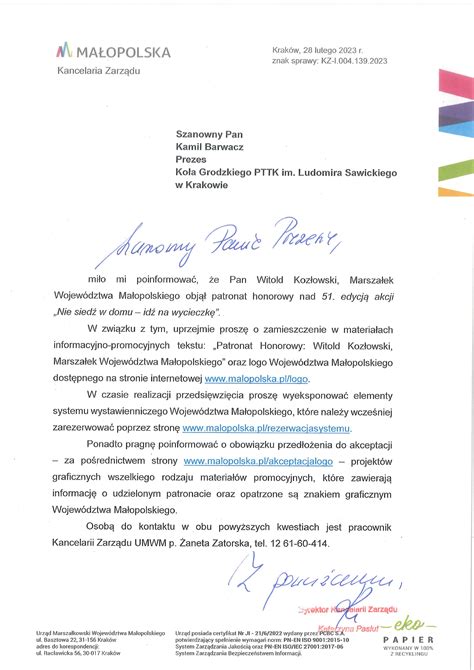 Patronat honorowy Marszałka Województwa Małopolskiego i Małopolskiej