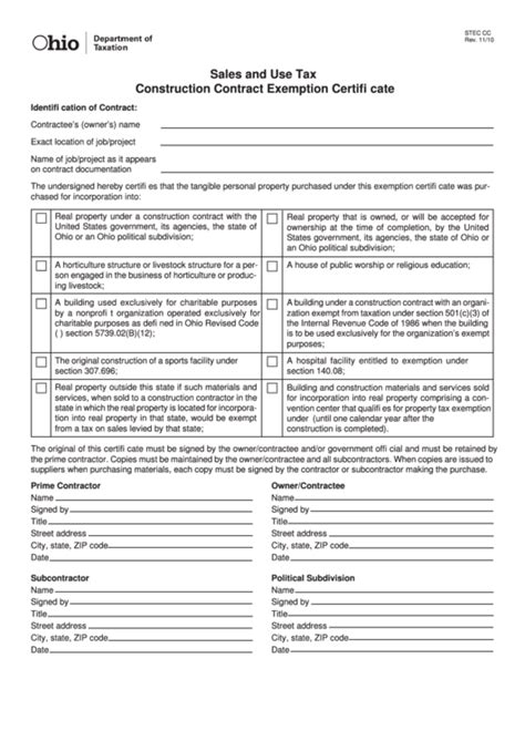 Fillable Sales And Use Tax Construction Contract Exemption Certificate