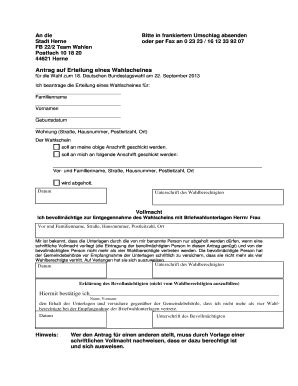 Ausfüllbar Online herne Antrag auf Erteilung eines Wahlscheines Hiermit