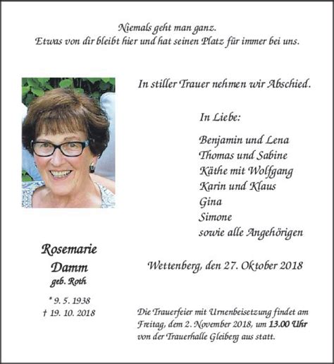 Traueranzeigen Von Rosemarie Damm Vrm Trauer De