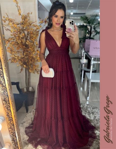 Vestido Longo Marsala em Tule Poá Saia Três Marias e Laço no Ombro