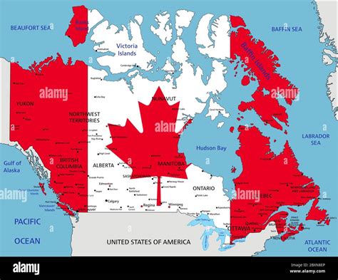 Mapa político de Canadá con bandera nacional aislada sobre fondo blanco