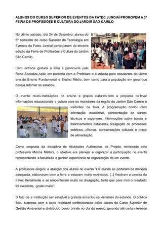 Alunos do curso superior de Eventos da Fatec Jundiaí promovem a 3ª