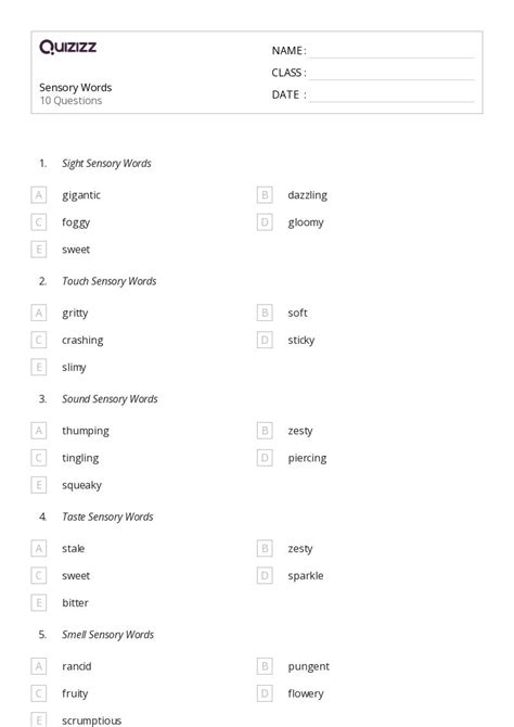 List Of Sensory Words 7th Grade