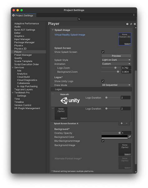 Unity Manual Splash Image Player Settings