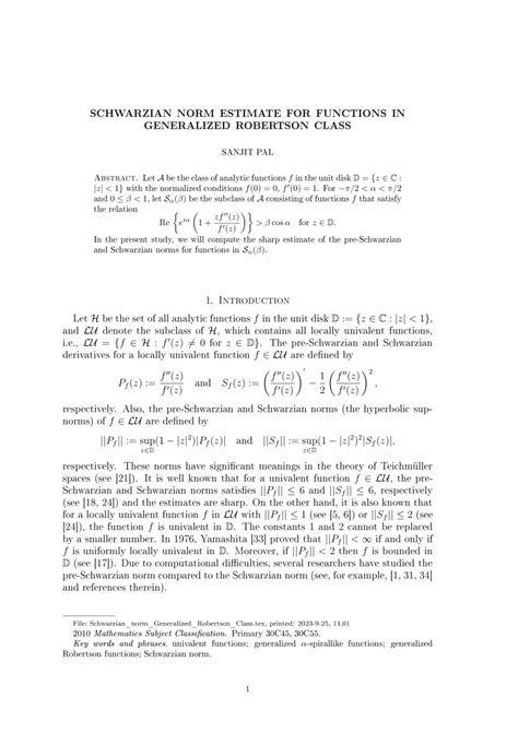 pdf schwarzian norm generalized robertson class