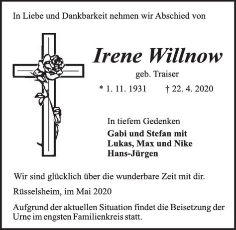 Traueranzeigen Von Irene Willnow Vrm Trauer De