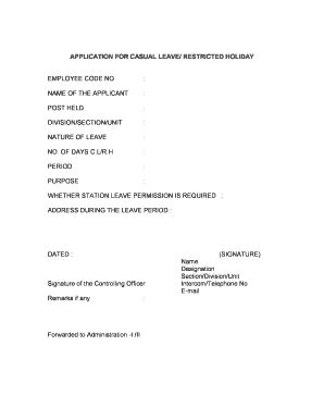 Fillable Online Application For Casual Leave Restricted Holiday Fax