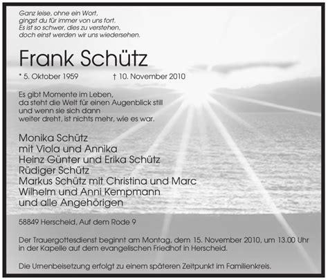 Traueranzeigen von Frank Schütz Trauer in NRW de