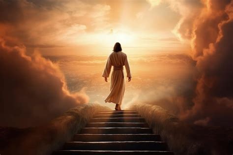 Jesus caminha os passos para o céu um raio de luz no final Foto Premium