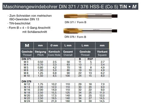 Maschinengewindebohrer DIN 371 DIN 376 HSS E Co 5 Titannitrit