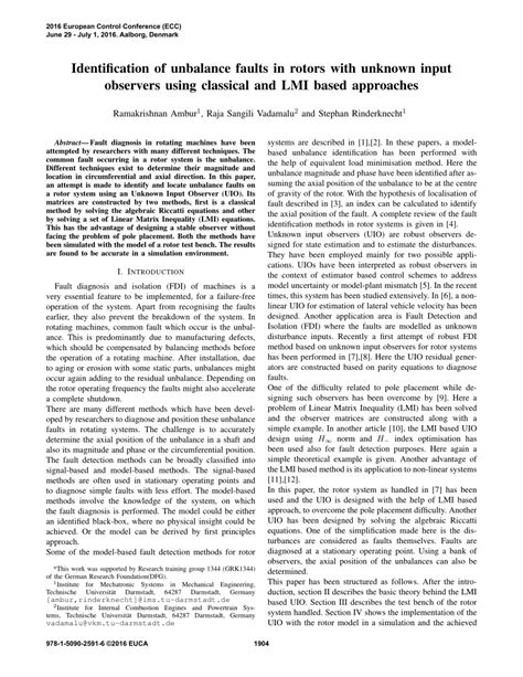 pdf identification of unbalance faults in rotors with unknown input observers using classical