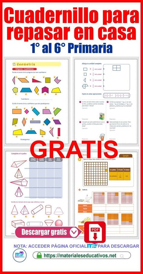 Cuadernillo para repasar en casa 1 al 6 Primaria Básica Gratis https