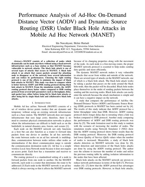 pdf performance analysis of ad hoc on demand distance vector aodv and dynamic source routing