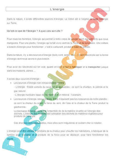 Leçon trace écrite cours L énergie CM2 pdf gratuit à imprimer