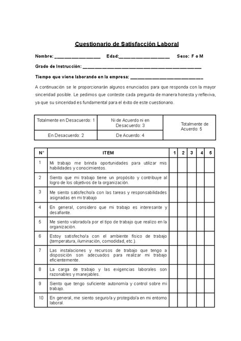 Cuestionario DE Satisfaccion Laboral Cuestionario de Satisfacción