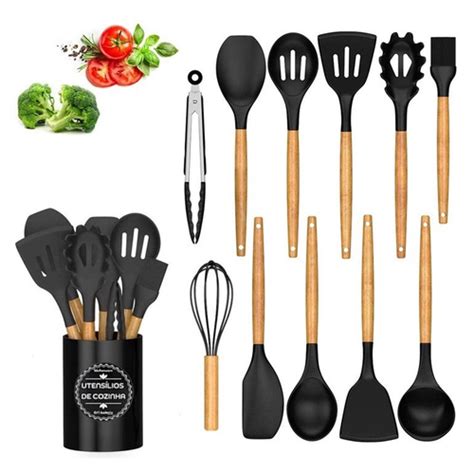 Jogo Kit 12 Utensílios de Cozinha em Silicone Cabo Madeira Colher