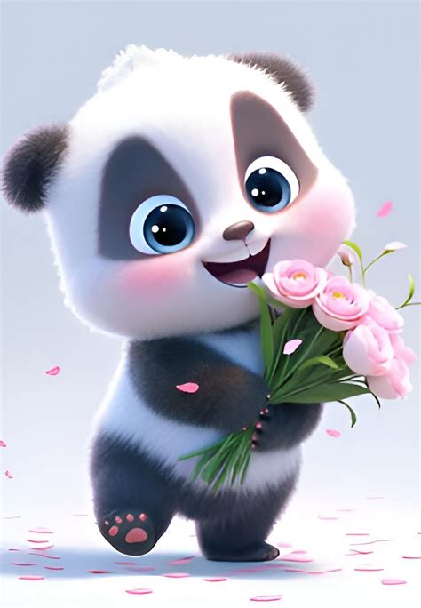 A Panda Bear Holding Flowers In Its Paws
