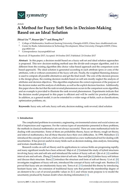 pdf a method for fuzzy soft sets in decision making based on an ideal solution