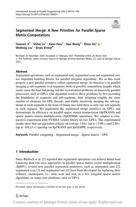 segmented merge a new primitive for parallel sparse matrix computations request pdf