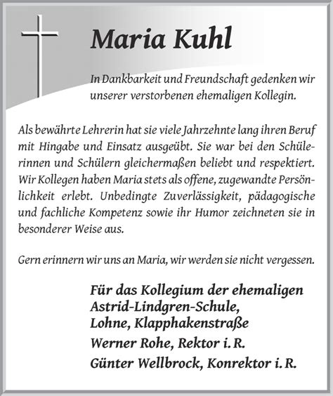 Traueranzeigen Von Maria Kuhl Om Trauer De