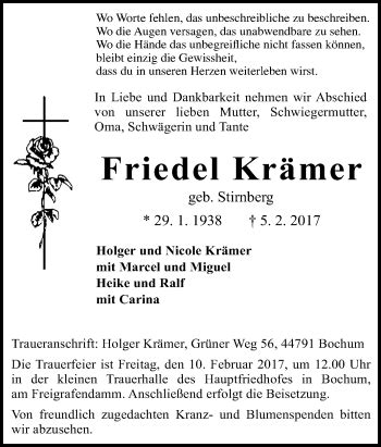 Traueranzeigen von Friedel Krämer Trauer in NRW de