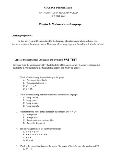 chapter 2 mathematics as language unit 2 mathematical language and symbols pre test pdf