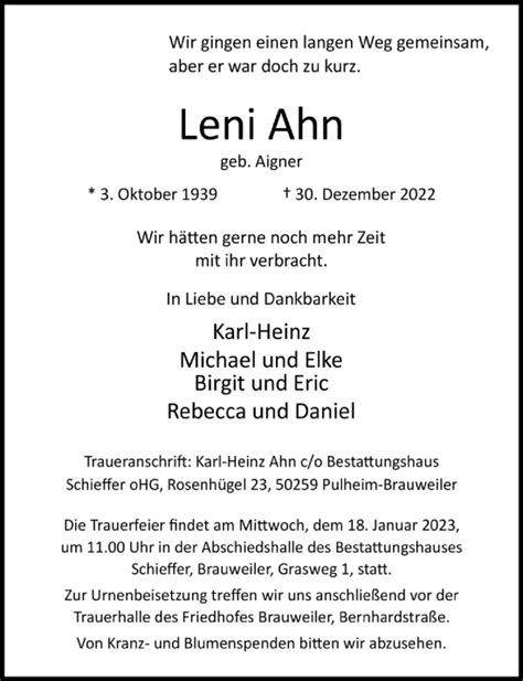 Traueranzeigen Von Leni Ahn WirTrauern