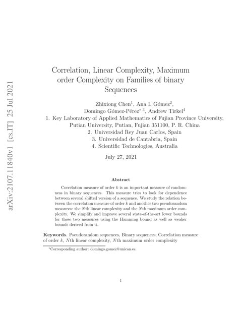 pdf correlation linear complexity maximum order complexity on families of binary sequences