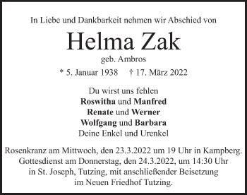 Traueranzeigen Von Helma Zak Trauer Merkur De