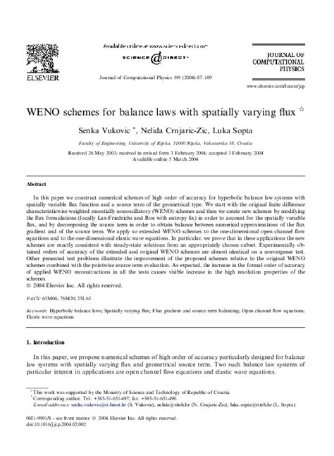 pdf weno schemes for balance laws with spatially varying flux nelida crnjaric zic