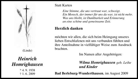 Traueranzeigen Von Heinrich Homrighausen Trauer In NRW De