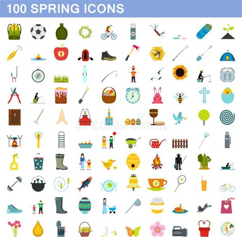 100 Iconos Fijados Estilo Plano De La Primavera Stock de ilustración