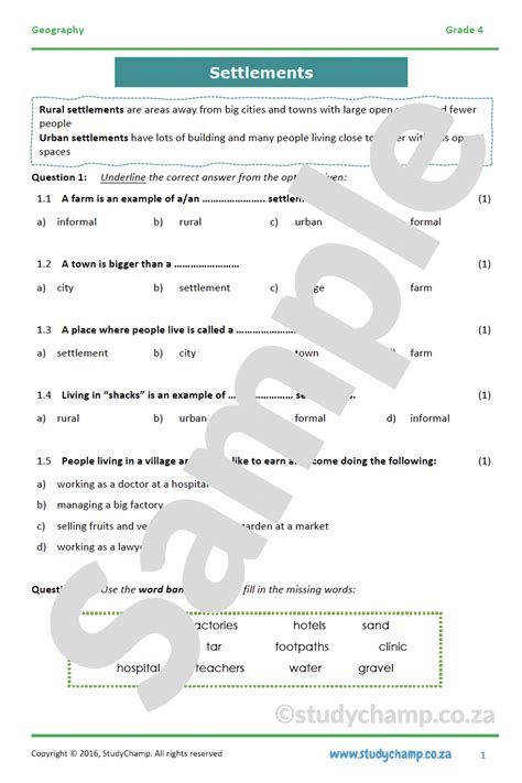 Grade 4 Geography Test Settlements