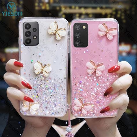 Capa De Celular Flexível De Silicone Glitter E Borboleta Cordão De