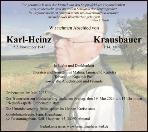 Traueranzeigen Von Karl Heinz Krausbauer Trauer HNA De