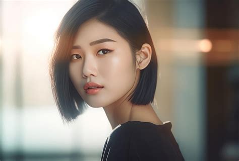 Premium Photo Beautiful Asian Woman With Short Hair Brunette Pretty Korean Girl Generate Ai