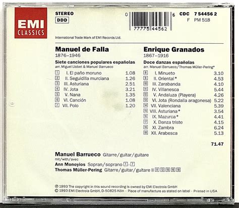 Granados 12 Danzas Espanolas De Falla 7 Canciones Manuel Barrueco 1993