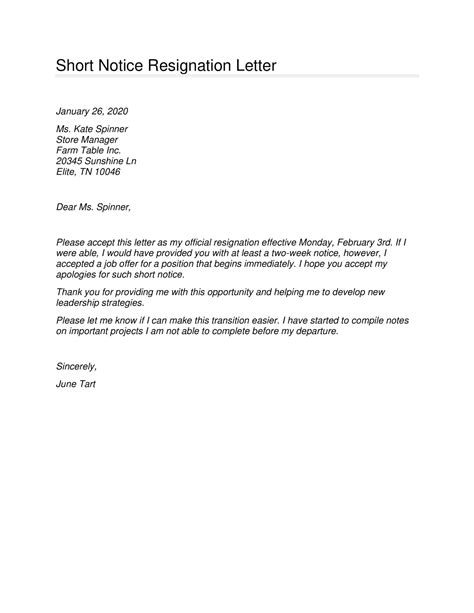 Free Printable Short Notice Resignation Letter Templates PDF Word