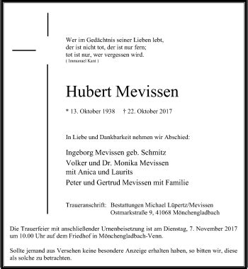 Alle Traueranzeigen F R Hubert Mevissen Trauer Rp Online De