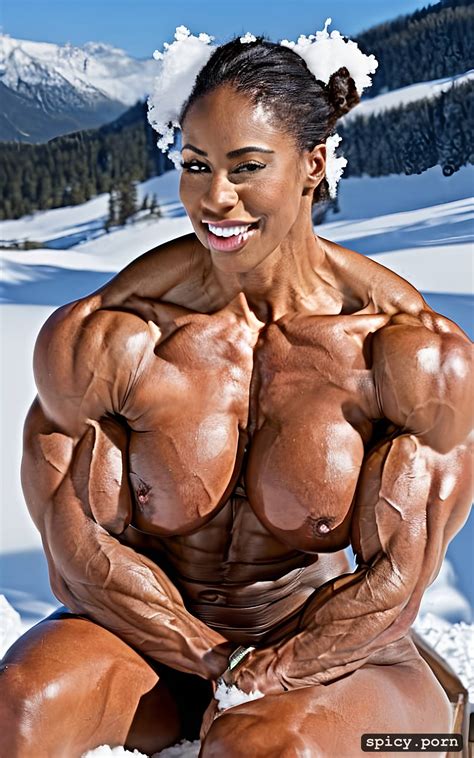 Image Of Mountains Extreme Muscular Ebony Woman Sitting In Withe Snow