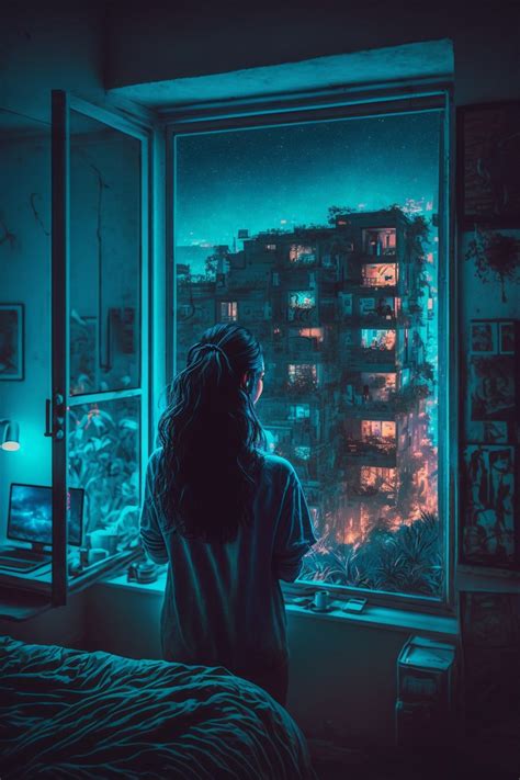 A Woman Looking Out The Window At City Lights From Her Bedroom In An