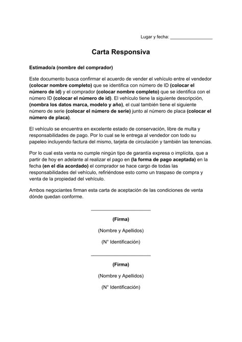 Carta Responsiva Para Venta De Auto Ejemplos