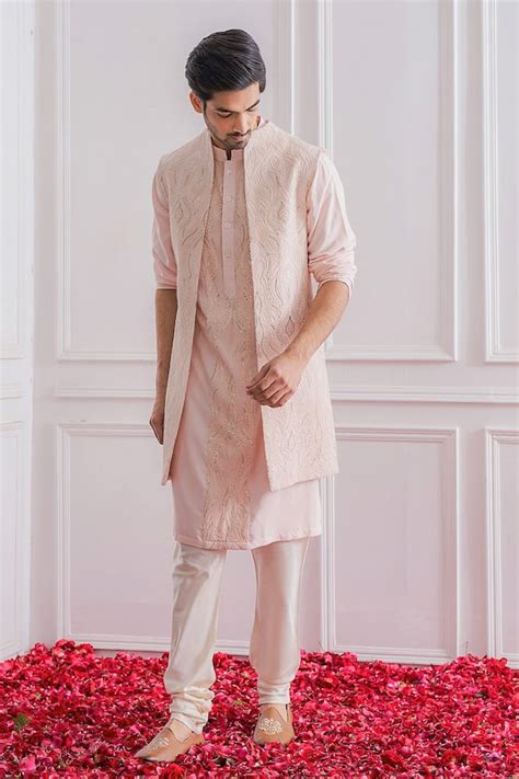 Buy Ankit V Kapoor Pink Pure Georgette Lucknowi Work Longline Bundi And
