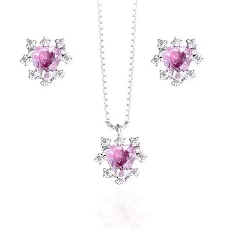 Conjunto Colar Brincos Coração Rosa Zircônias em Prata