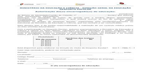 Autorização do a encarregado a de educaçãodesportoescolar dge mec pt
