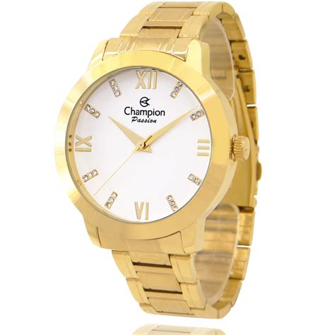 Relógio Champion Feminino Dourado Kit Colar E Brincos Passion