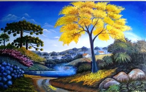 Quadros Pintura em Tela Paisagem Campo Ipê Amarelo Elo7
