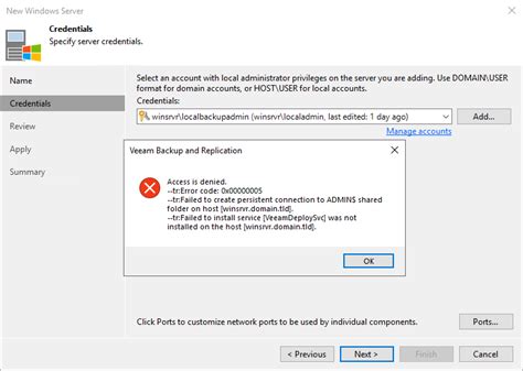 kb4185 access is denied when using a local account to add a windows machine to veeam backup