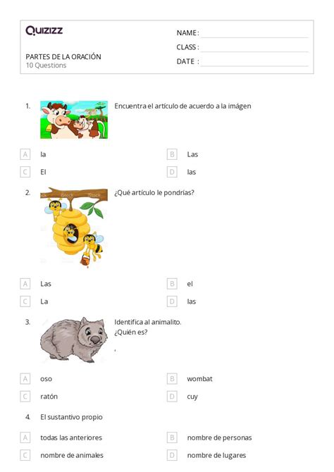 50 Partes de la oración hojas de trabajo para Grado 4 en Quizizz